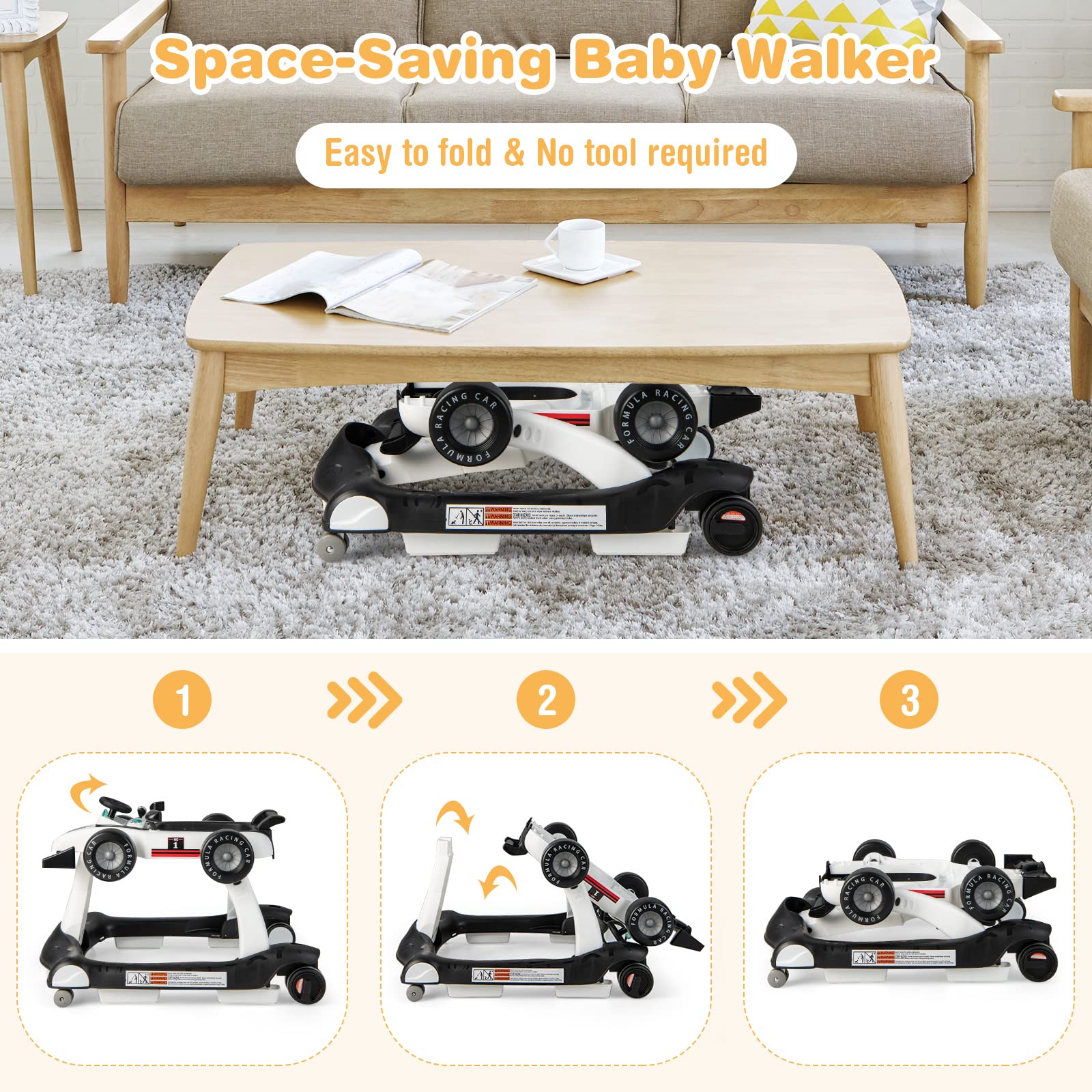 GLACER 4-in-1 Baby Walker, Folding Infant Walker with Adjustable Height & Speed, Music Box with Light, Steering Wheel, Soft Cushion, Toddler Toy Activity Center for Babies Aged 6-18 Months