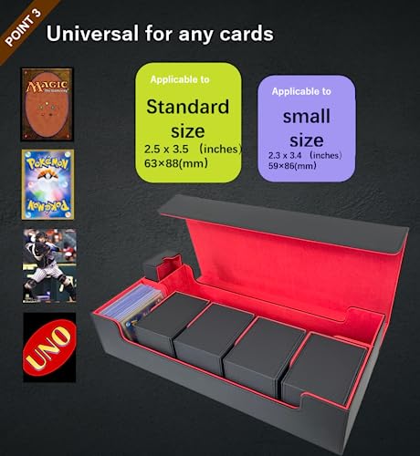 Venssu Card Deck Box, Card Deck Case, Deck Card Box, Leather Large Size Fit 550 Plus Sleeved Cards Compatible with single/double sleeved toploader MTG TCG CCG (Black＆Red)