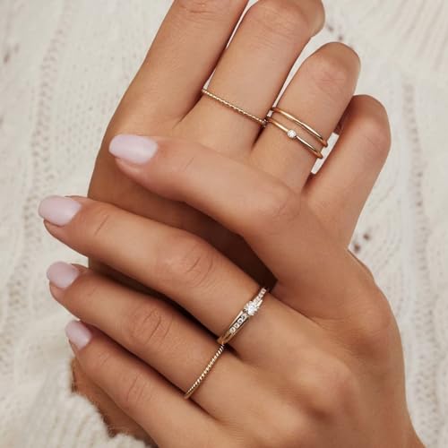 FUNEIA 8PCS 14K Gold Plated Stacking Rings for Women Size 5 to Size 9 Gold Silver Stackable Knuckle Rings Set Simple Thumb Thin Wedding Pain Band Rings (gold, 12)