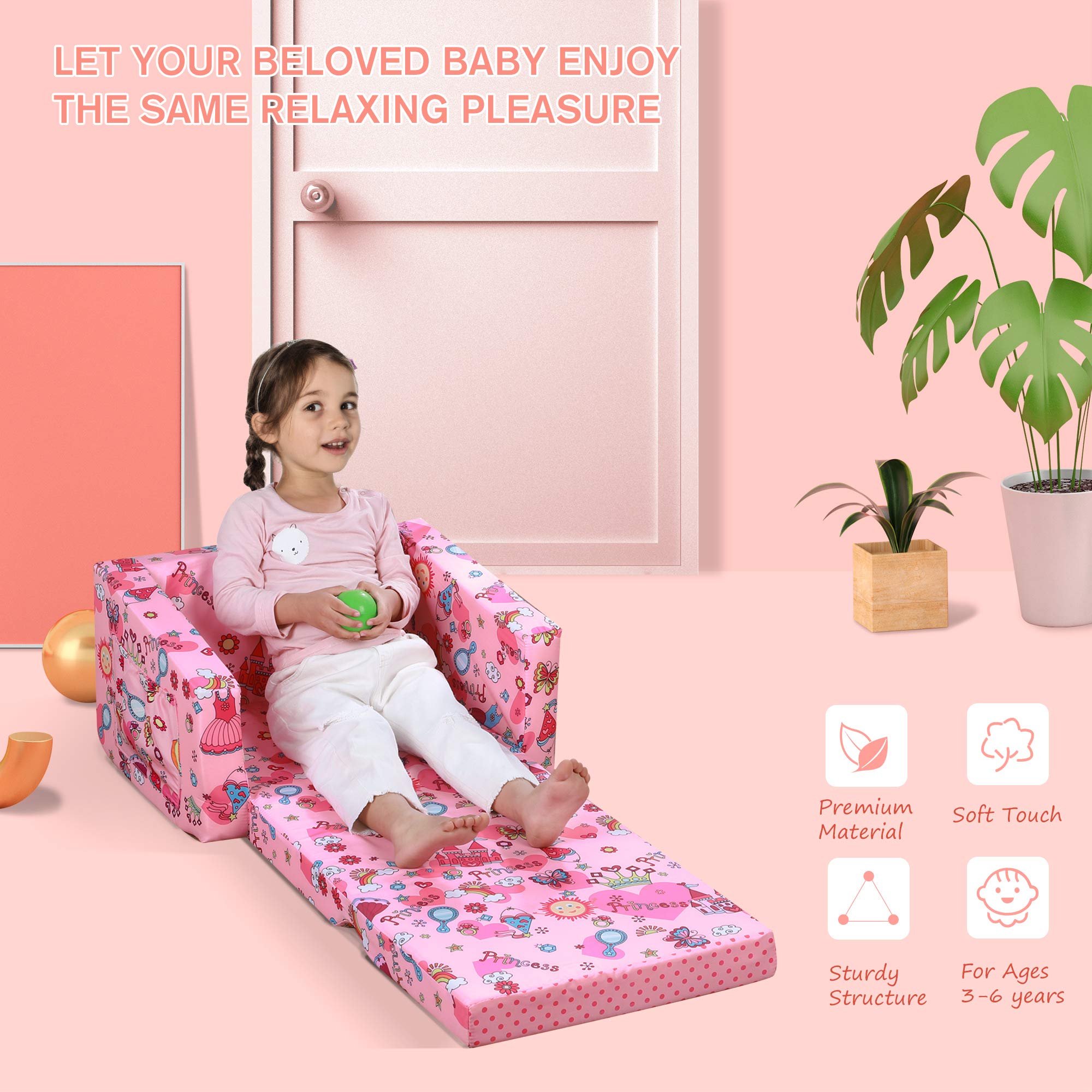 Qaba Kids Fold-Out Couch/Chair Lounger with Space-Themed Washable Fabric & Removable Cushion for 3-6 Years Old, Pink
