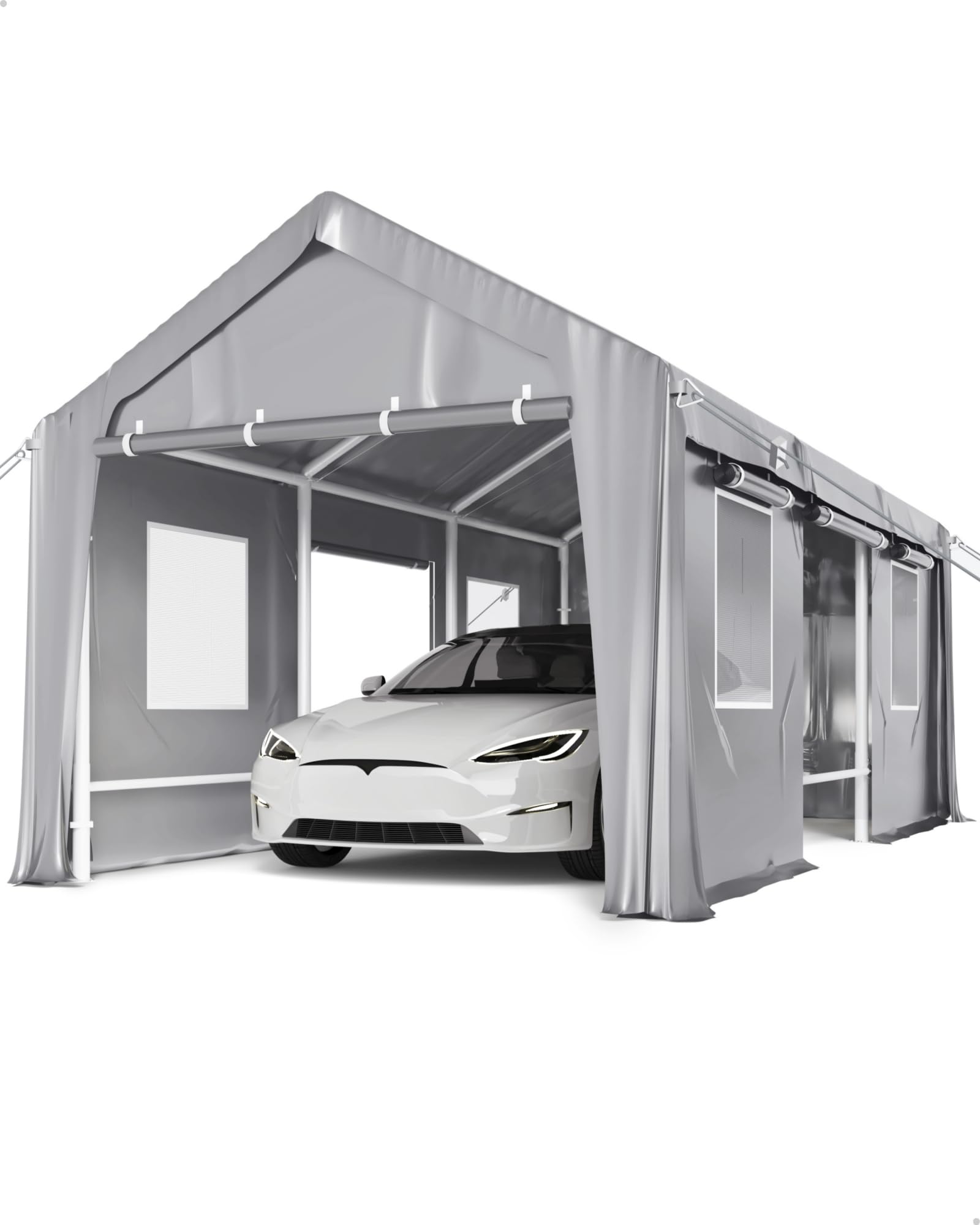 GarveeLife Windproof Carpor, 13'x20', Reinforced Frames & 180 g PE Canopy, Front & Rear Doors, Portable Garage for Pickup, Boat, Equipment - Gray