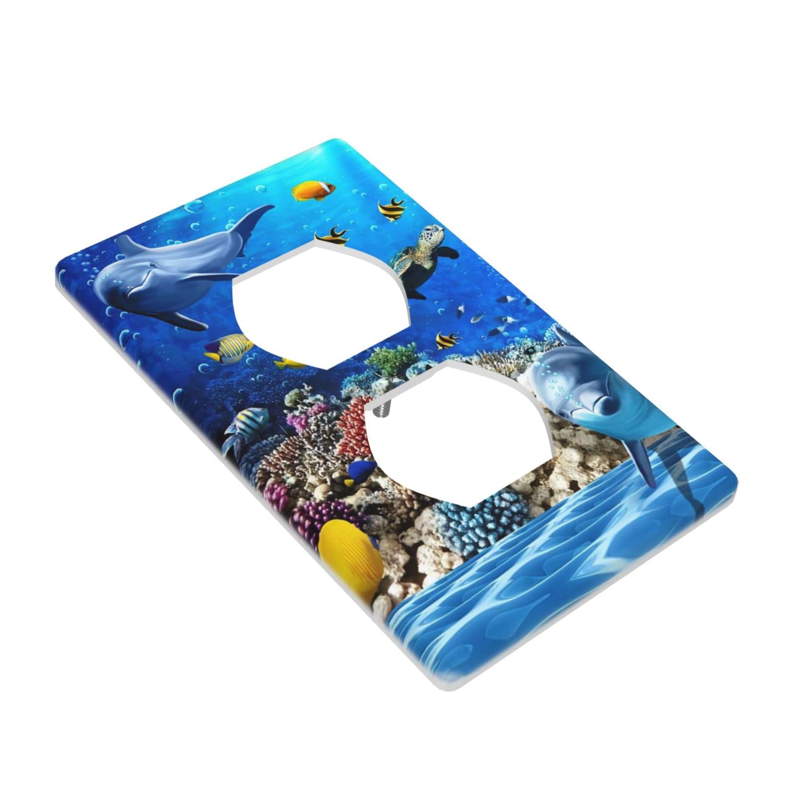 Ocean Dolphin 1 Gang Electrical Outlet Cover Single Duplex Socket Plug Receptacle Wallplate Marine Life Kids Boys Bedroom Nursery Aquarium Decor Decorative Blue Fish Sea Ceatures Faceplate