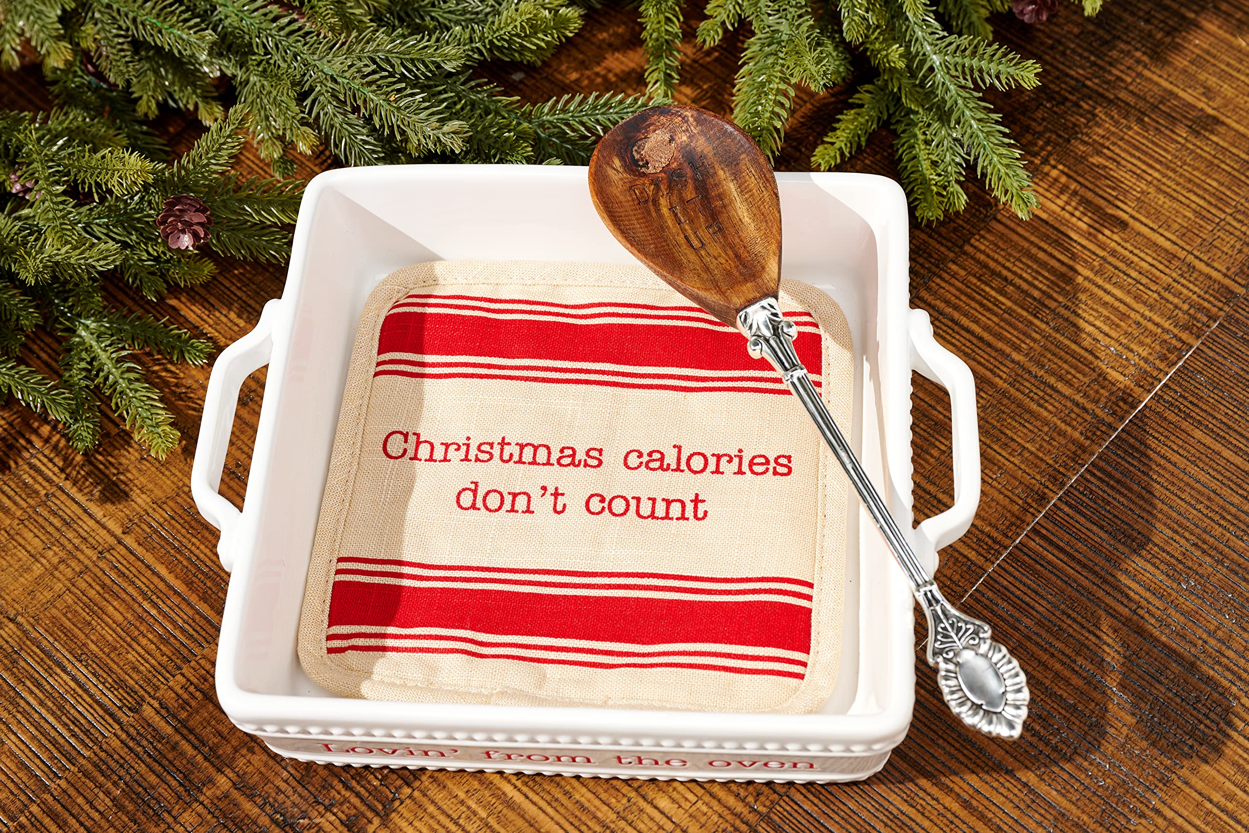 Mud Pie, White, Circa Holiday Baker & Trivet Set, 8.75", 8.75" x 8.75" | holder 7.5" x 7.5" | spoon 10.5
