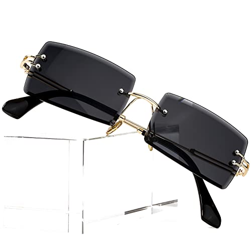 PORADAY Rectangle Sunglasses for Women Men Vintage Rimless Square Sun Glasses Candy Color (Black)