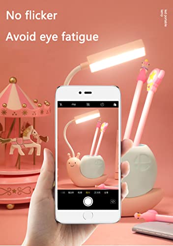 Cute Kids Lamp with Pen Holder,LED Desk Lamp for Child,Snail Shape USB Charging Student Learning Eye Protection Lamp with 360° Bendable Adjustable Neck Pink
