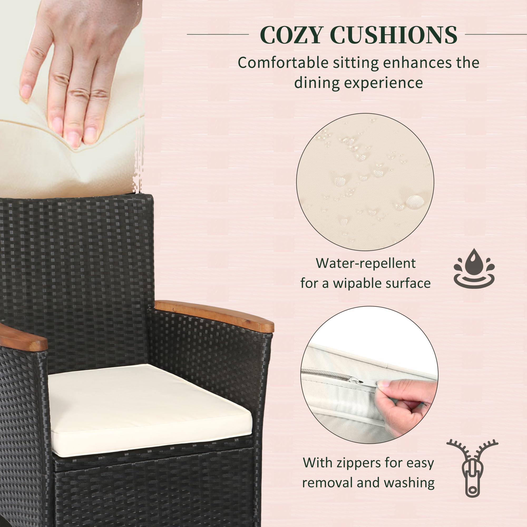 Outsunny 7 Pieces Outdoor Dining Set for 6, Wicker Rattan Patio Furniture Set, Patio Table and Chairs Set with Cushions, Acacia Wood Table Top, Conversation Set for Garden Backyard Deck, Cream White