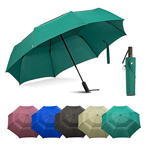 Portobello Large Travel Umbrella Folds Into Portable Travel Size - 54 Inch Double Vented Canopy Big Enough To Fit In 2 Adults - Auto Open Close (Green)