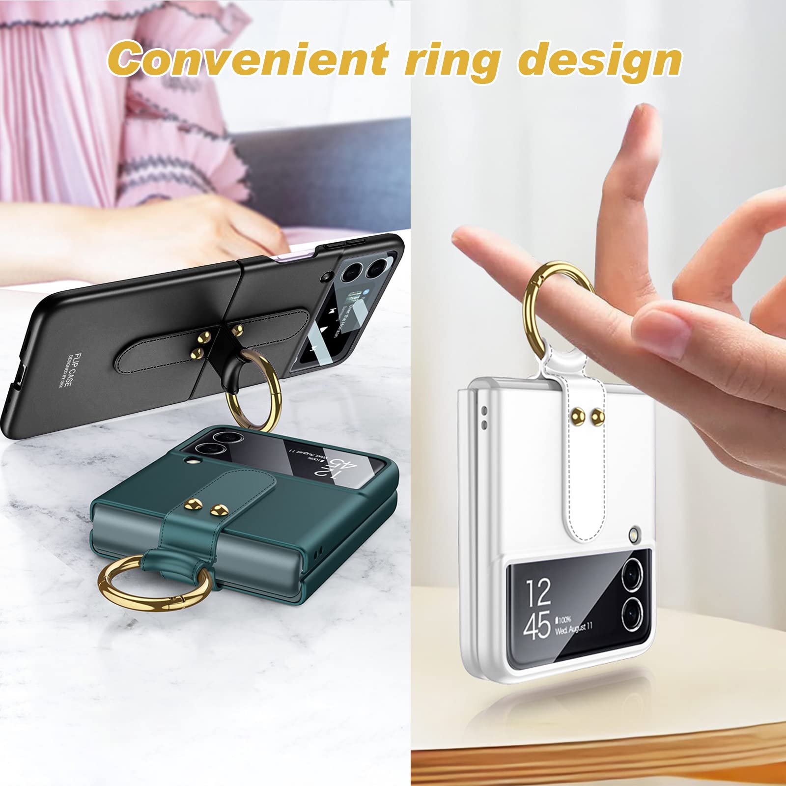 Designed for Samsung Z Flip 3 Case with Ring, Shockproof Ultra Thin Matte for Z Flip 3 2021 Case with Camrea Cover, Hard PC Protective Cover with Stand Phone Case for Galaxy Z Flip 3 5G
