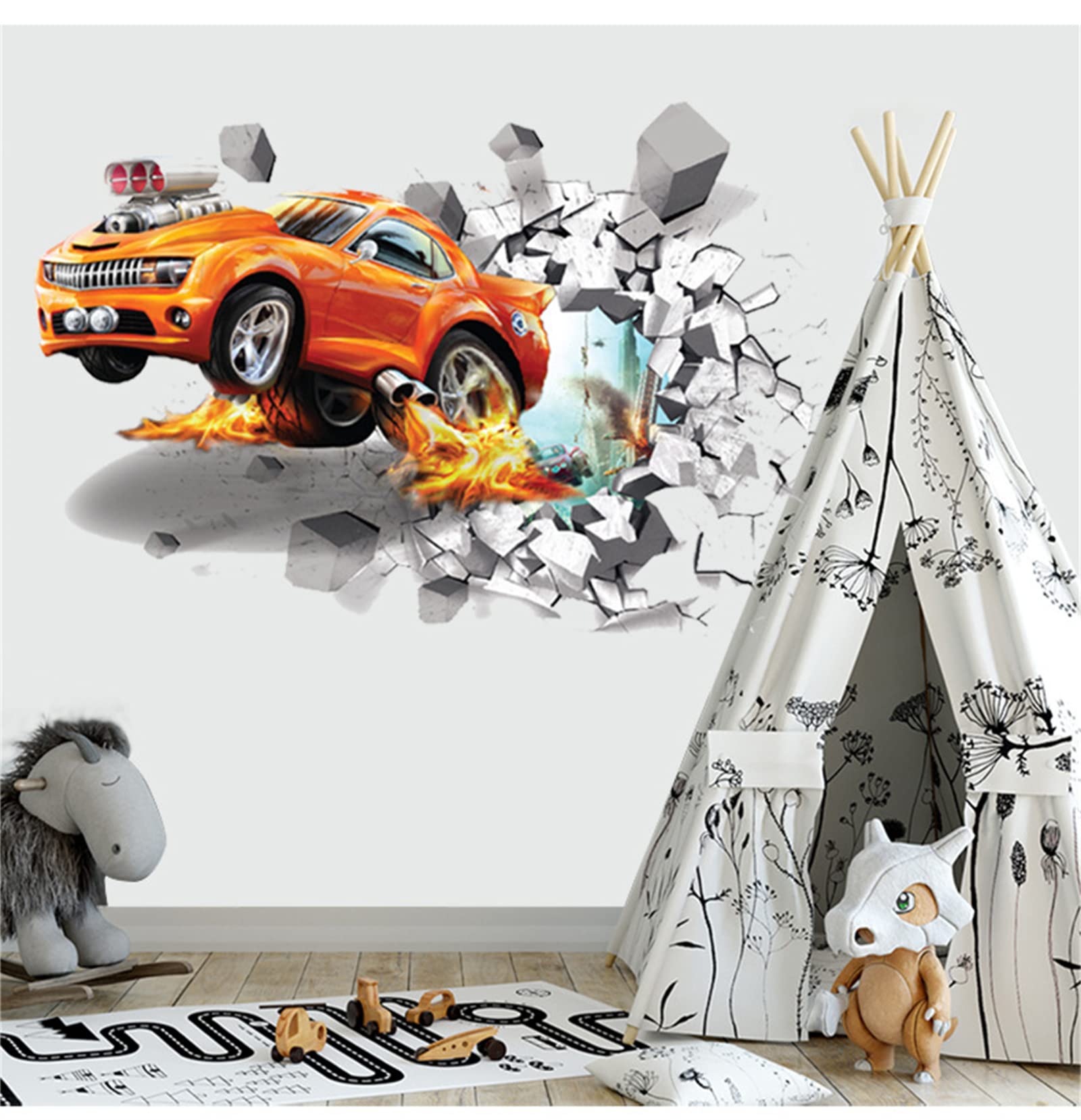Dynamic Car Wall Stickers, Breaking Wall Creative 3D Wall Decals, Self Adhesive Removable, Art Decal Mural Wall Decor, Kids Boy Room Bedroom Playroom Wall Decoration(19.6'' × 27.5'') (car2)