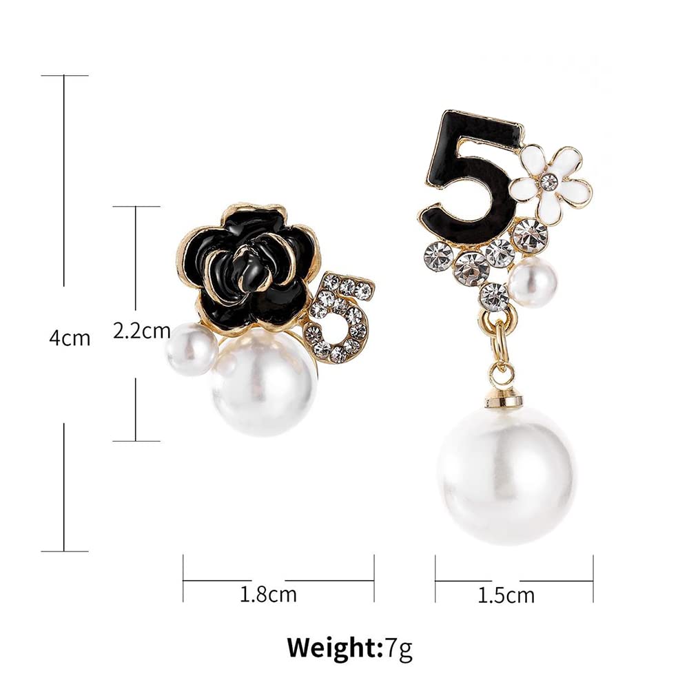 Designer Imitation Pearl Number Five Floral Charm Dangle Drop Earrings Studs