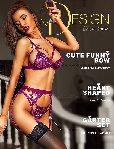 RSLOVE Lingerie for Women Lingerie Sets with Garter Belt 3 Piece Lace Teddy Babydoll Bodysuit Violet S