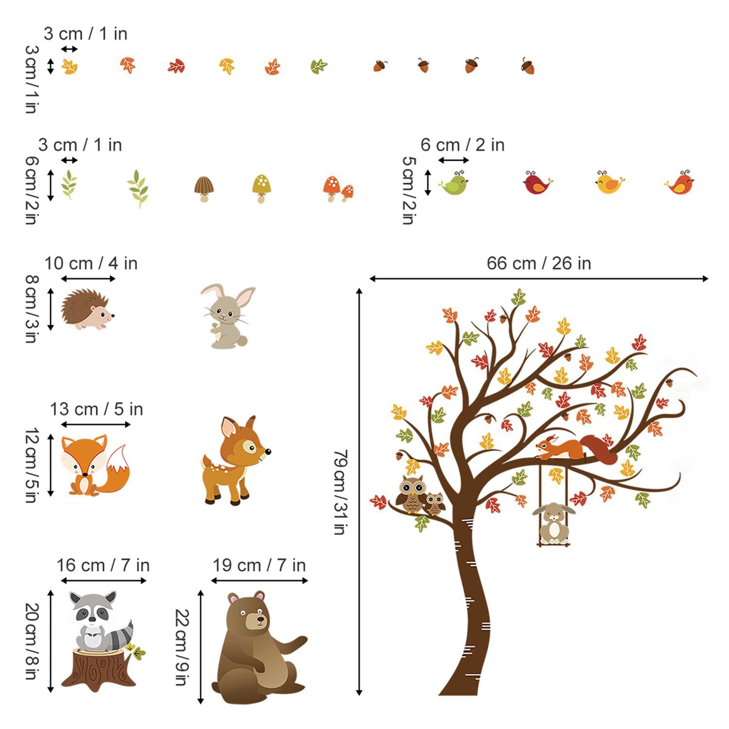 decalmile Forest Animals Tree Wall Decal Fox Deer Fall Leaves Wall Stickers Baby Nursery Kids Bedroom Classroom Wall Decor (H: 31 Inches)
