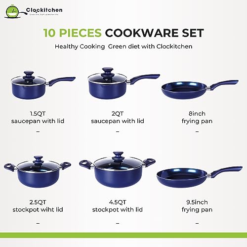 Pots and Pans Set,Aluminum Cookware Set, Nonstick Ceramic Coating, Fry Pan, Stockpot with Lid, Blue,10 Pieces