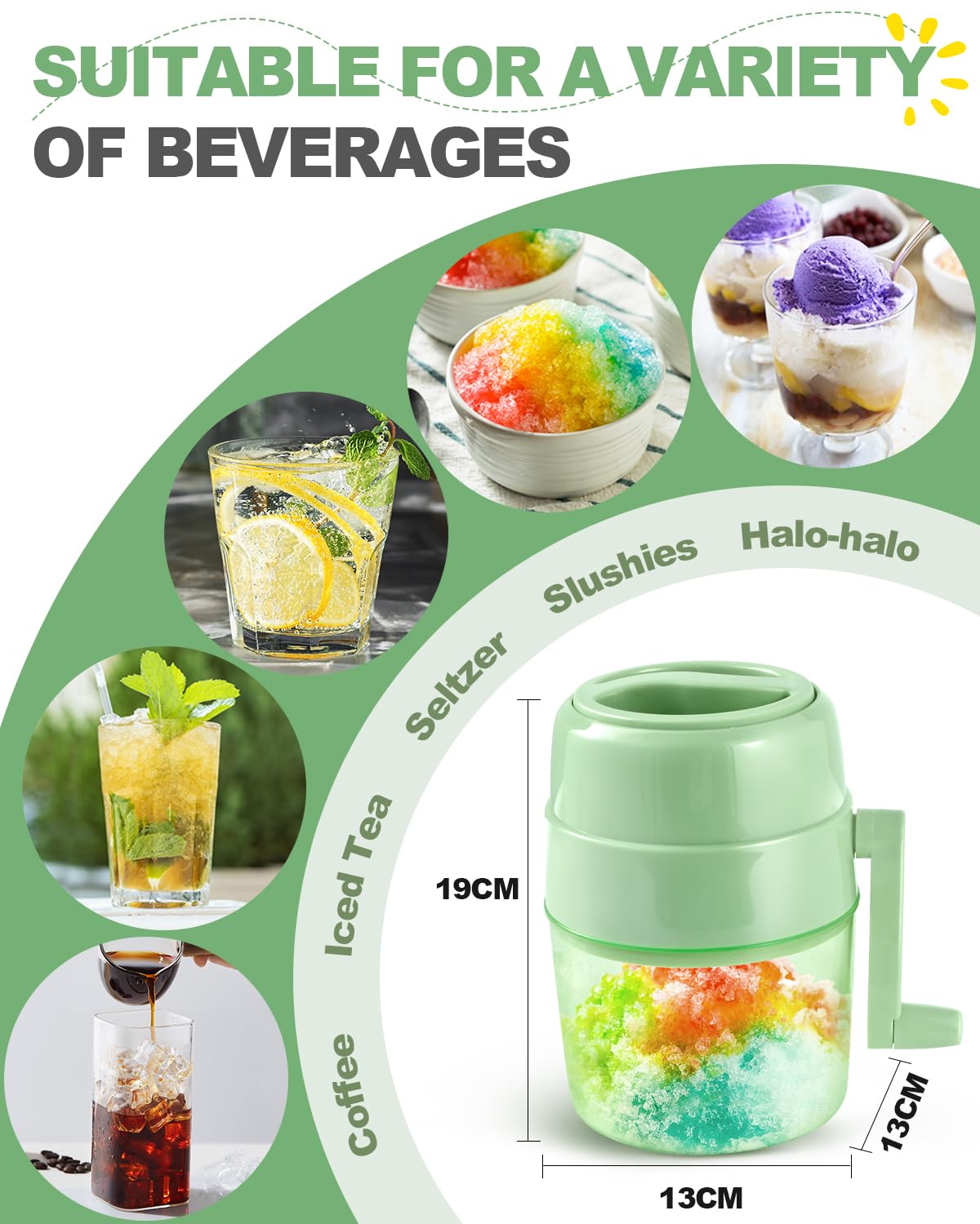 Goldtouch Snow Cone Machine Shaved Ice Machine Manual Ice shaver Machine Double Stainless Steel Blade Ice Crusher with Instruction Manual 3-year Manufacturer’s Warranty Green