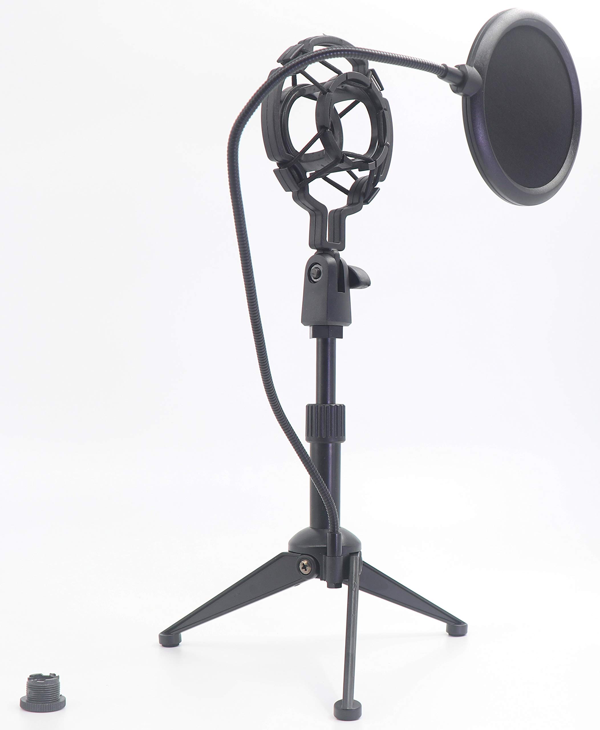 Desktop Microphone Tripod Suspension Stand with Shock Mount Anti-Vibration Mic Holder and 4" Round Mask Shield Double-Net Wind Screen Pop Filter (Large, Black)