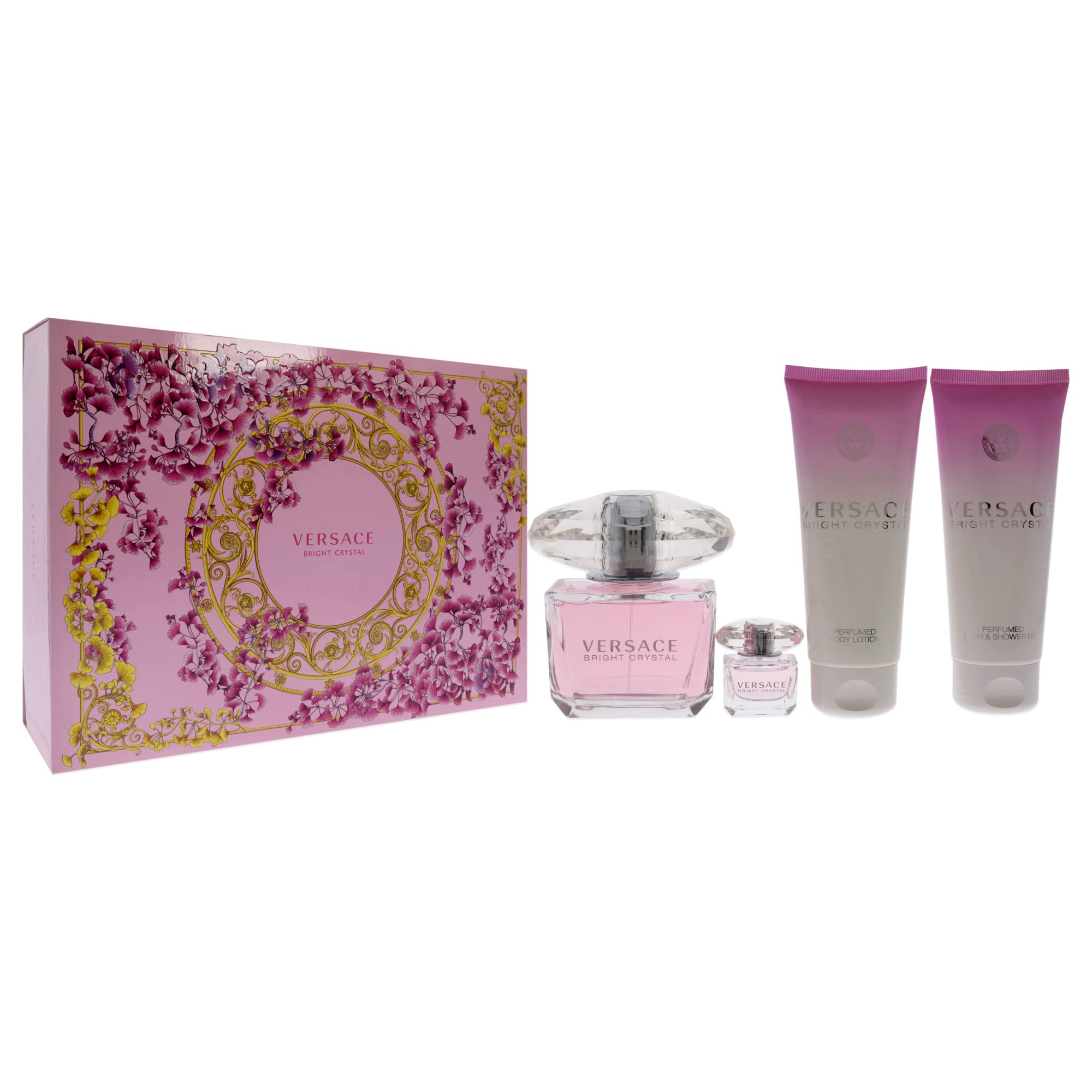 Versace Versace Bright Crystal 3oz EDT Spray, 3.4oz Perfumed Body Lotion, 3.4oz Perfumed Bath and Shower Gel, 5ml EDT Splash Mini Women 4 Pc Gift Set, Packaging May Vary