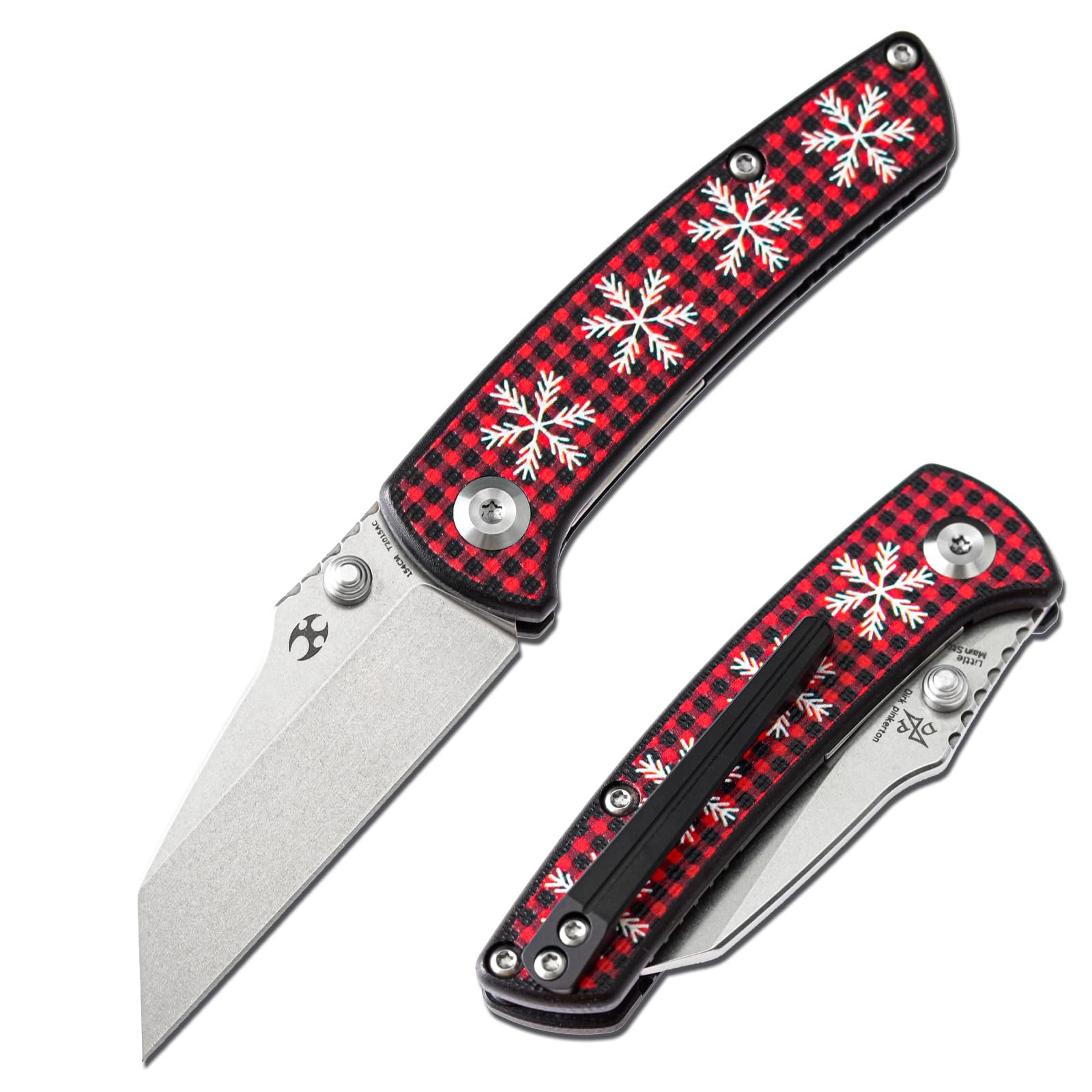 KANSEPT Mini Main Street Pocket EDC Pocket Knife 2.26'' 154CM Material Pocket Folding Knife withPlaid Red and Black G10 with Snowflake Print Handle EDC Box Opener Folding Knife T2015AC