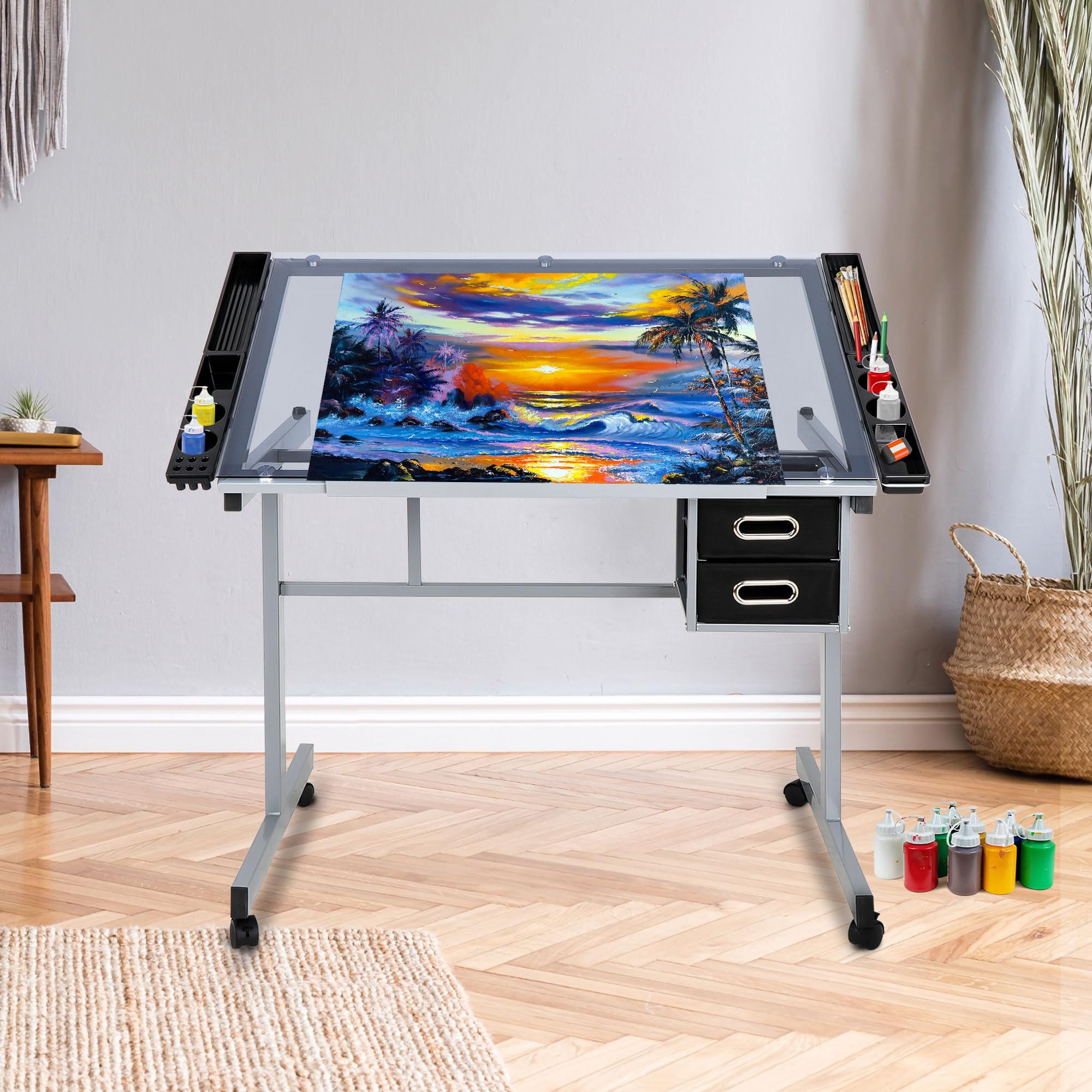 LEMY Drafting Table Adjustable Tilting Tabletop, Artist Drawing Desk with Slide Storage Drawers and Wheels, Art Craft Station for Home Office
