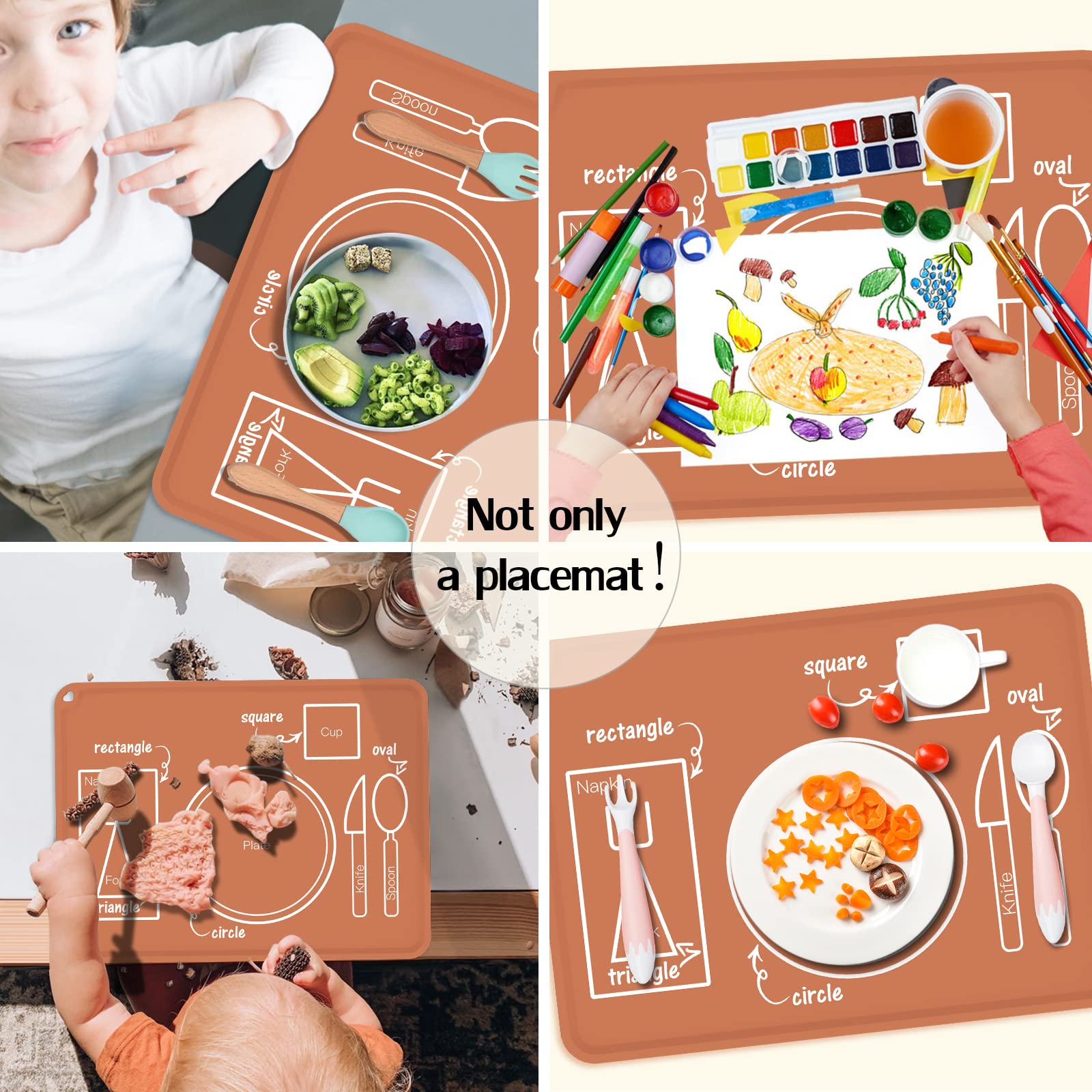 Silicone Baby Placemats, Montessori Placemats for Kids Baby Toddlers Non-Slip Portable Table Setting Mats, 2Pack, MistyRed&LightGrey
