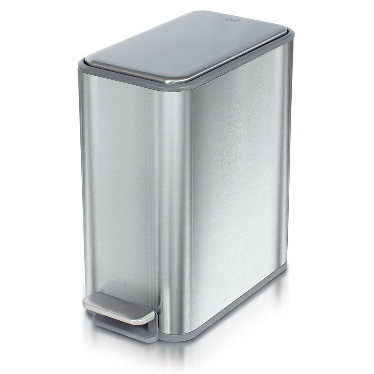 Glad Slim Bathroom Trash Can - Small Garbage Pail with Soft Close Lid & Step Foot Pedal | Narrow Brushed Nickel Waste Basket with Removable Inner Bucket, 2.6 Gallon