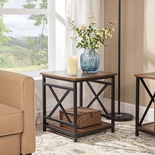 KSWIN Industrial End Table Side Table with 2-Tier Storage Shelf, 18'' Square Nightstand Bedside Table X-Design Metal Frame for Living Room Bedroom, Rustic Brown