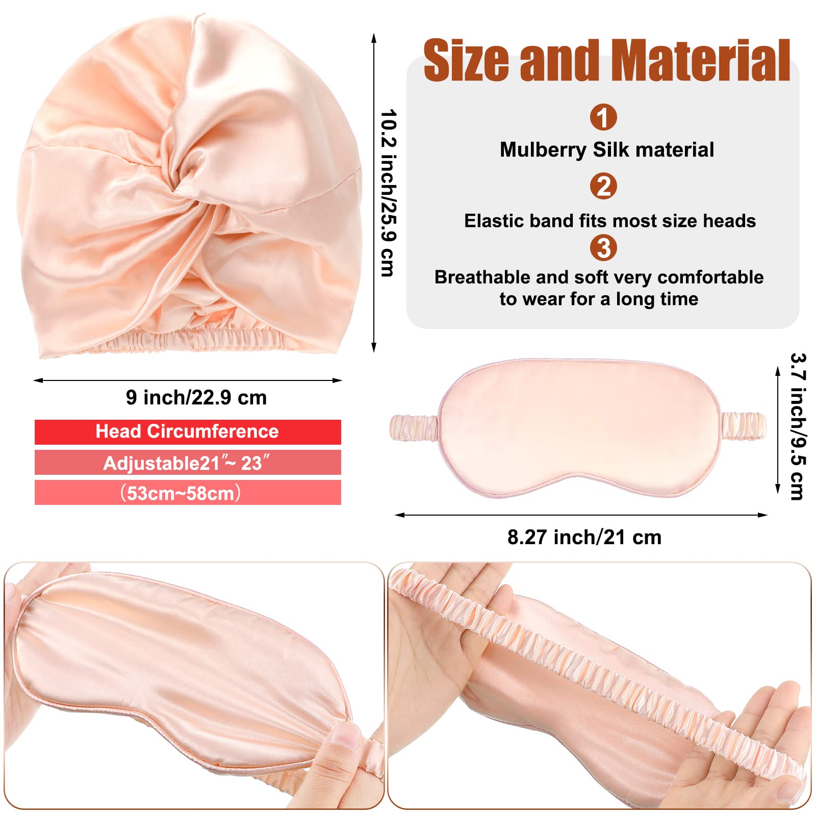 SATINIOR 4 Pcs Silk Bonnet Sleep Cap Women Silk Hair Wrap for Sleeping and Comfortable Sleep Eye Covering, 4 Piece Set(Black, Pink)