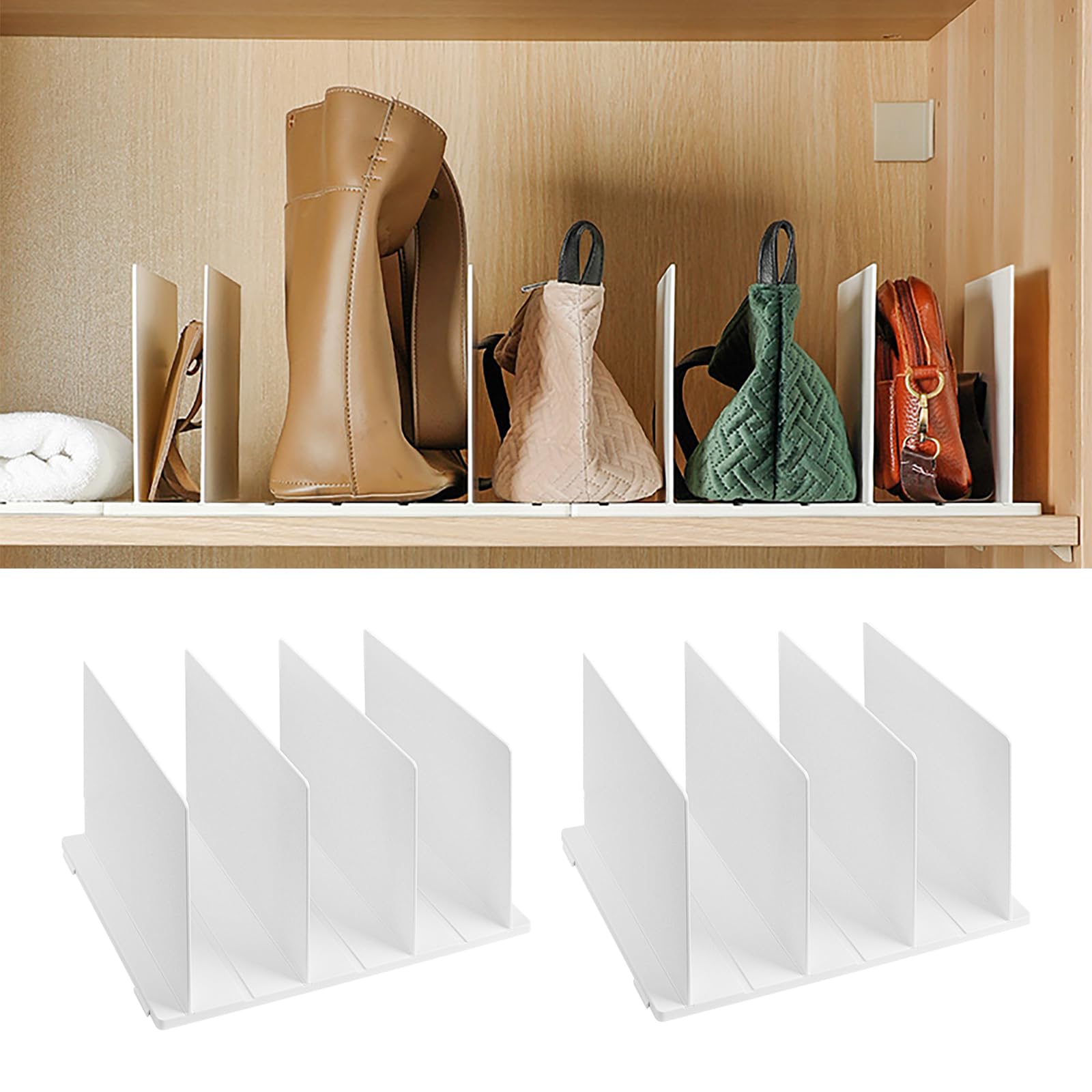 Hivexagon Purse Organizer for Closet 2 Pack Shelf Dividers Closet Bag Storage Organizer for Vertical Purse Handbag Sweater Shirts in Pantry Bedroom White