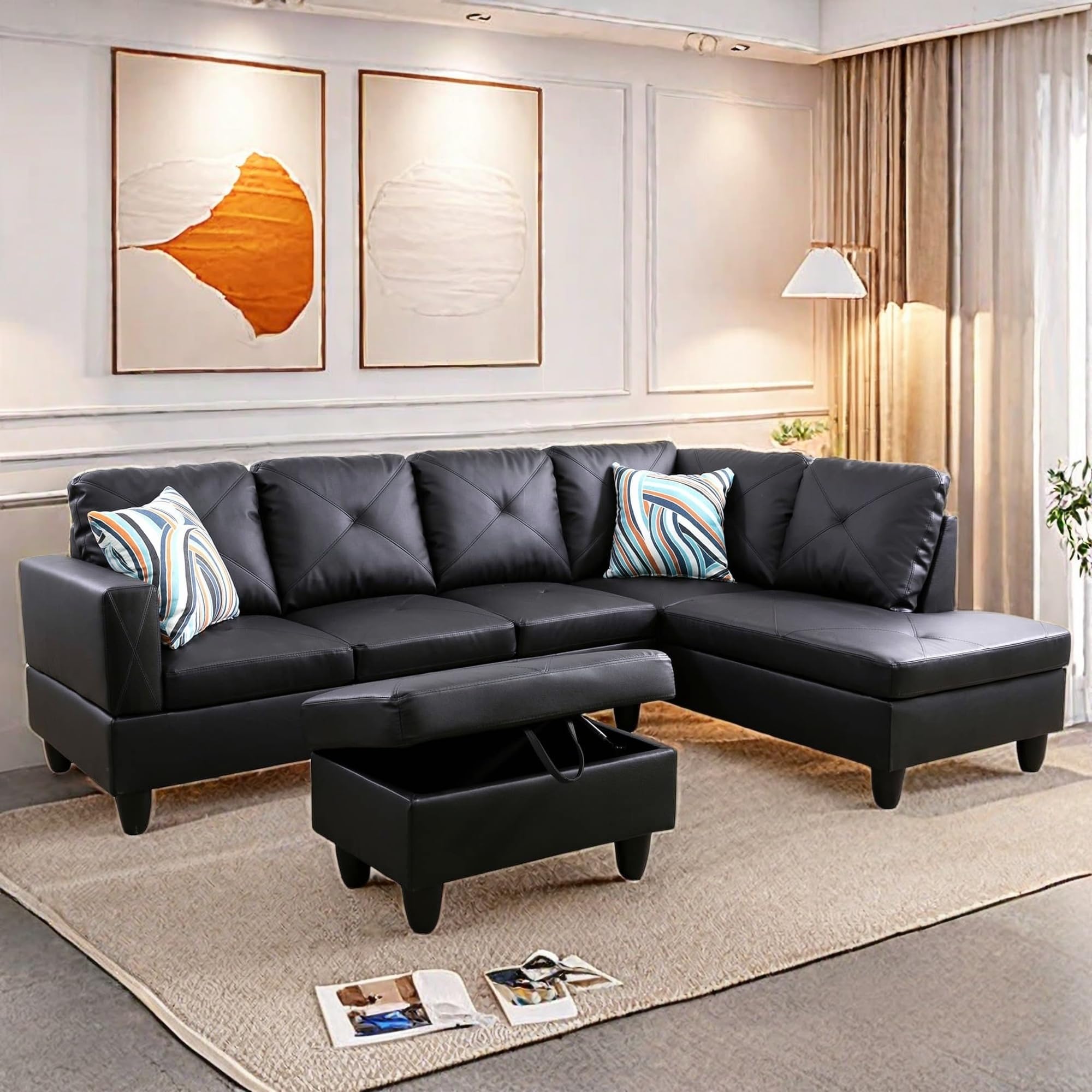 GlasFlength L Shaped Sectional Couches, Convertible Lounge Leather Couch with Reversible Cup Holder, Nail-Head Design Modern Modular Sectional Sofa for Living Room Furniture Sets, Black A
