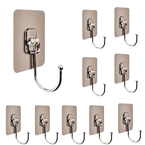 Large Adhesive Hooks 22LB(MAX),Waterproof and Rustproof Wall Hooks for Hanging Heavy Duty,Stainless Steel Towel Door and Coat Hooks for Kitchen, Bathroom, (10, 2.76*2.76 inch)