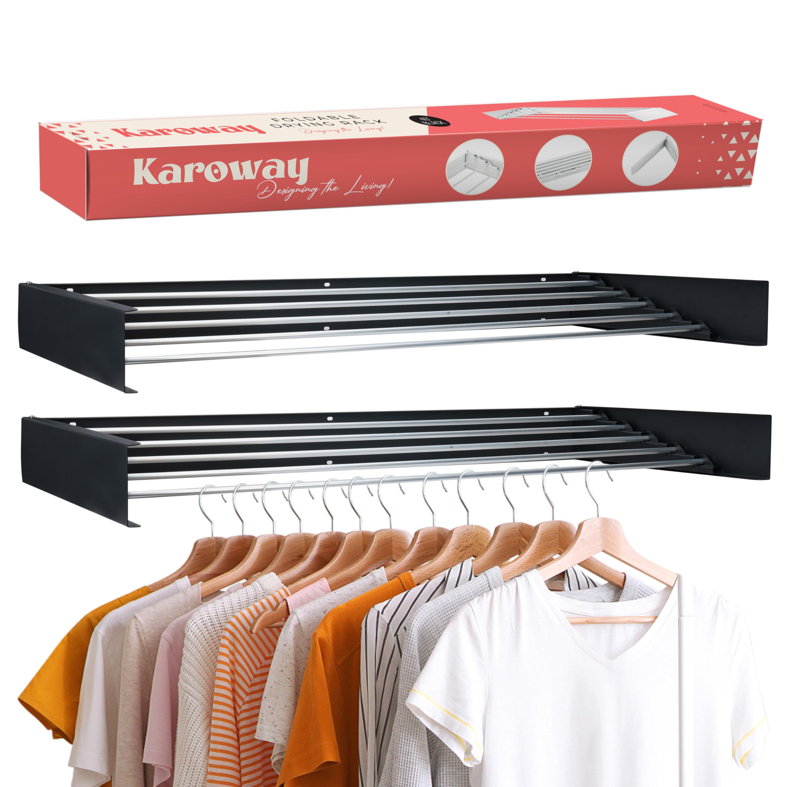 Karoway Wall Mounted Clothes Drying Rack - Black - 40" Collapsible Laundry Drying Rack for Heavy Use (60 lbs), Folding Dryer Rack for Indoors, Foldable & Retractable Space Saving Clothing Hanger