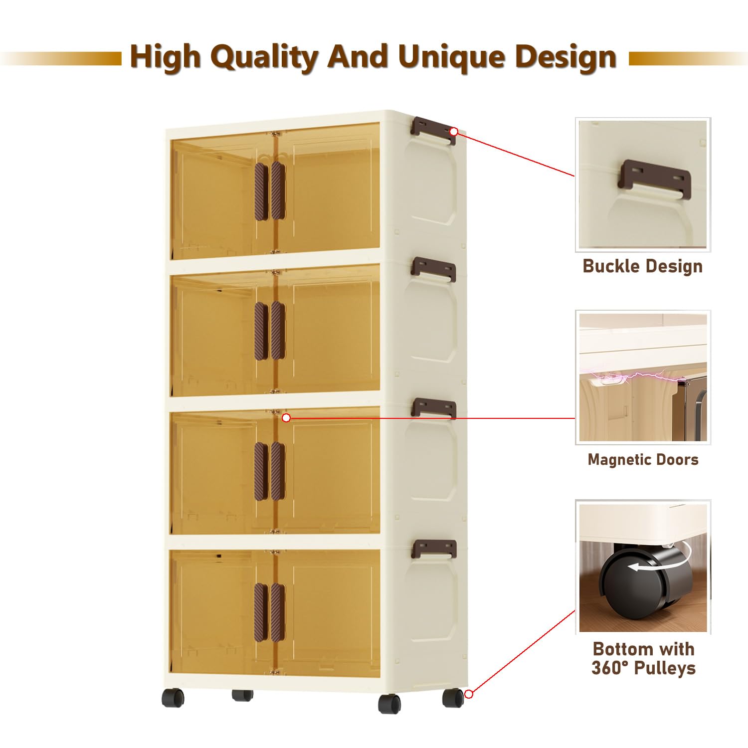 Karramlili Stackable Storage Bins 100 Qt, 4 Tiers, 15.4"x10.2"x34.6", Small Collapsible Storage Bins with Magnetic Door, Plastic storage cabinet with Wheels