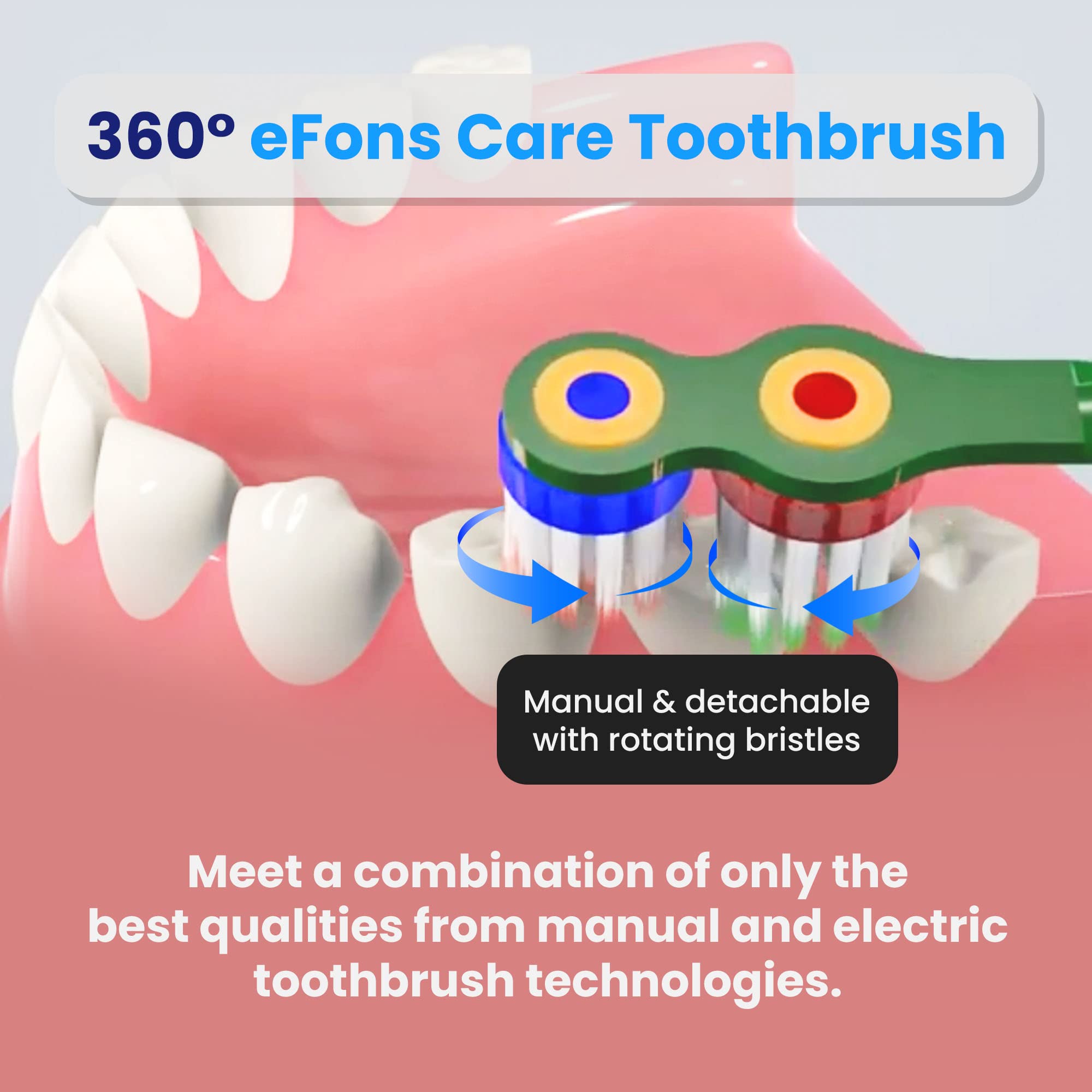 Efons Non-Electric Spin Toothbrush Replacement Head Refill | 2 Size 6 Count | Compatible with Efons Toothbrushes for Human & Pet | Soft Toothbrush for Sensitive Gums | Beige & SkyBlue