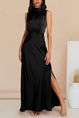 PRETTYGARDEN Women's Long Formal Satin Dress Mock Neck Sleeveless Side Slit Flowy Maxi Tank Dresses (Black,Medium)