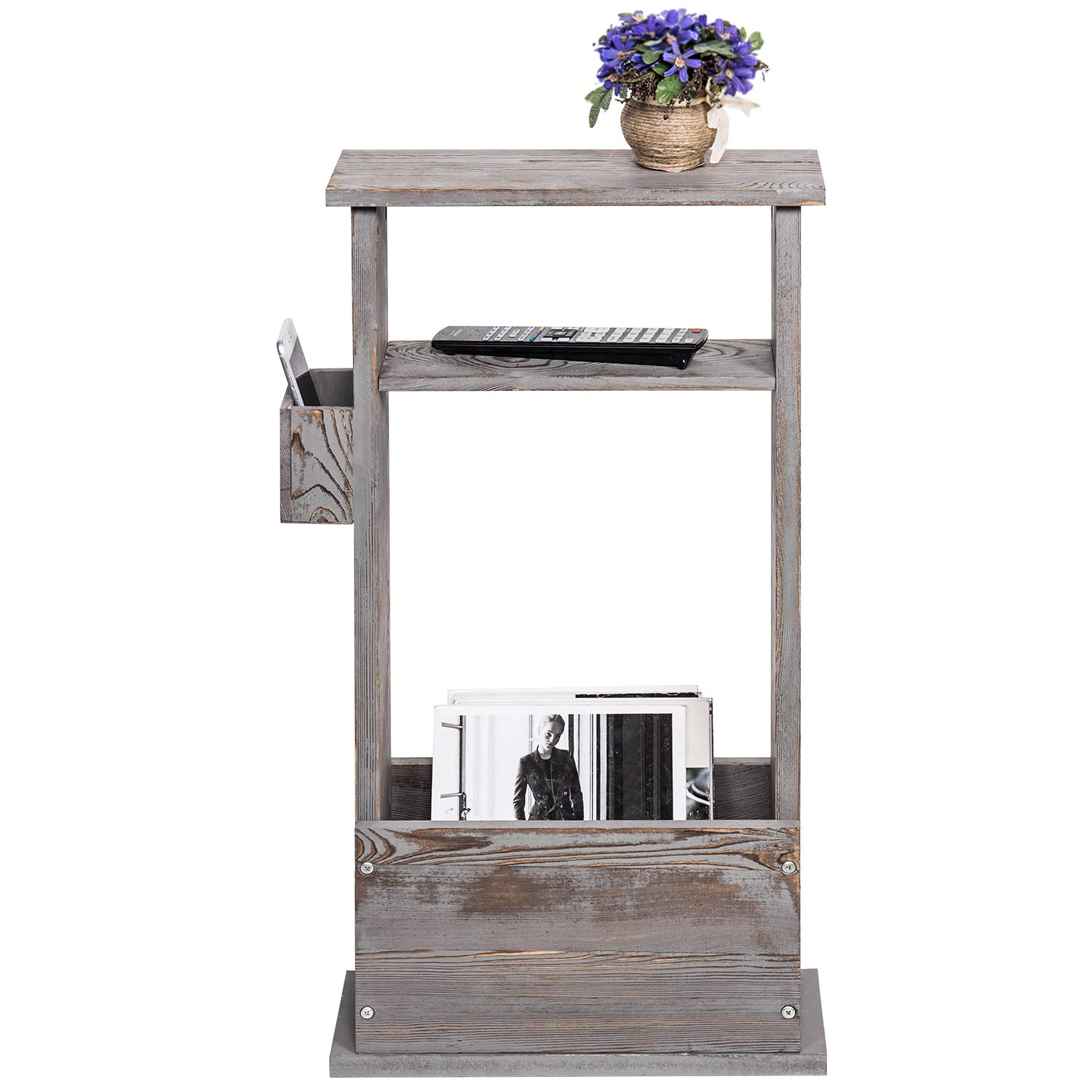 MyGift Narrow Side Table, Slim End Sofa Table in Vintage Gray Wood with Storage Shelf, Magazine and Remote Holder