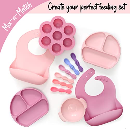 PrimaStella Unbreakable Silicone Non-Slip Bowl and Chew Spoon Set for Babies and Toddlers (Pink)