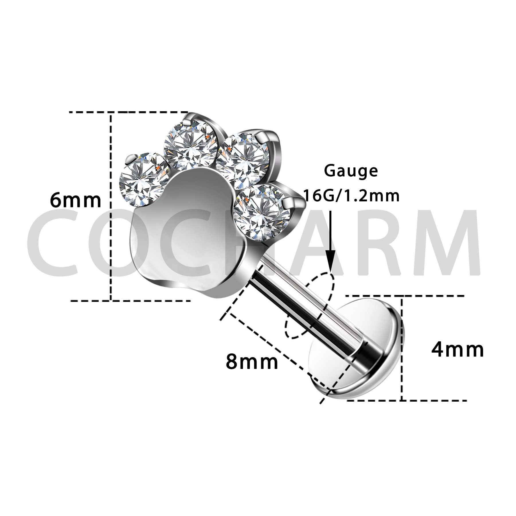 COCHARM 16G G23 Titanium Cartilage Earrings for Women Flat Back Dog Paw Print Upper Ear Cartilage Earrings Stud Internally Threaded Conch Earrings 16 Gauge Forward Helix Earrings