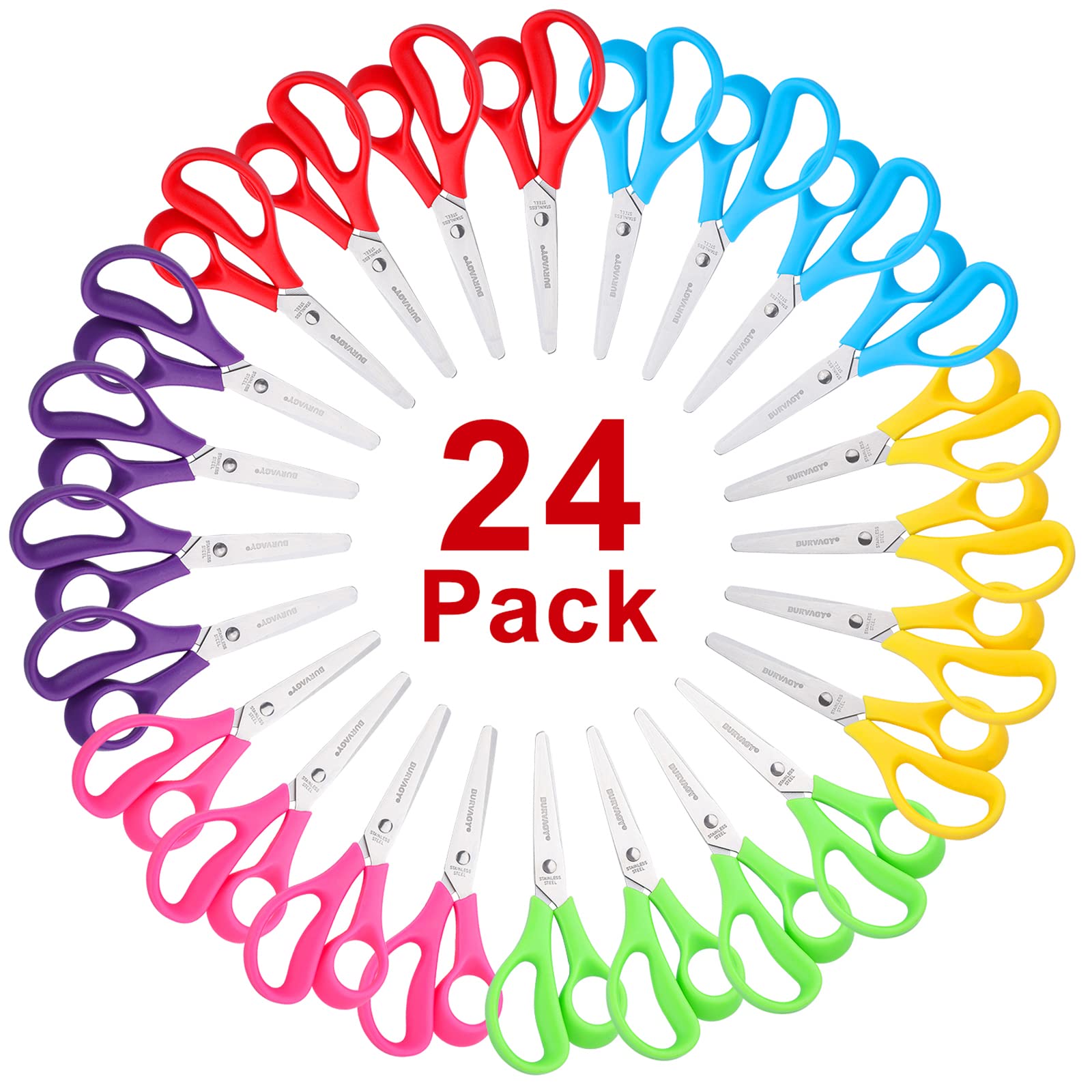 Scissors Bulk, 24 Pack BURVAGY 5.5" Small Scissors School Student Blunt Tip Kids Craft Scissors, Sharp Stainless Steel Blades Safety Soft Grip Handles for Classroom Children Assorted Color