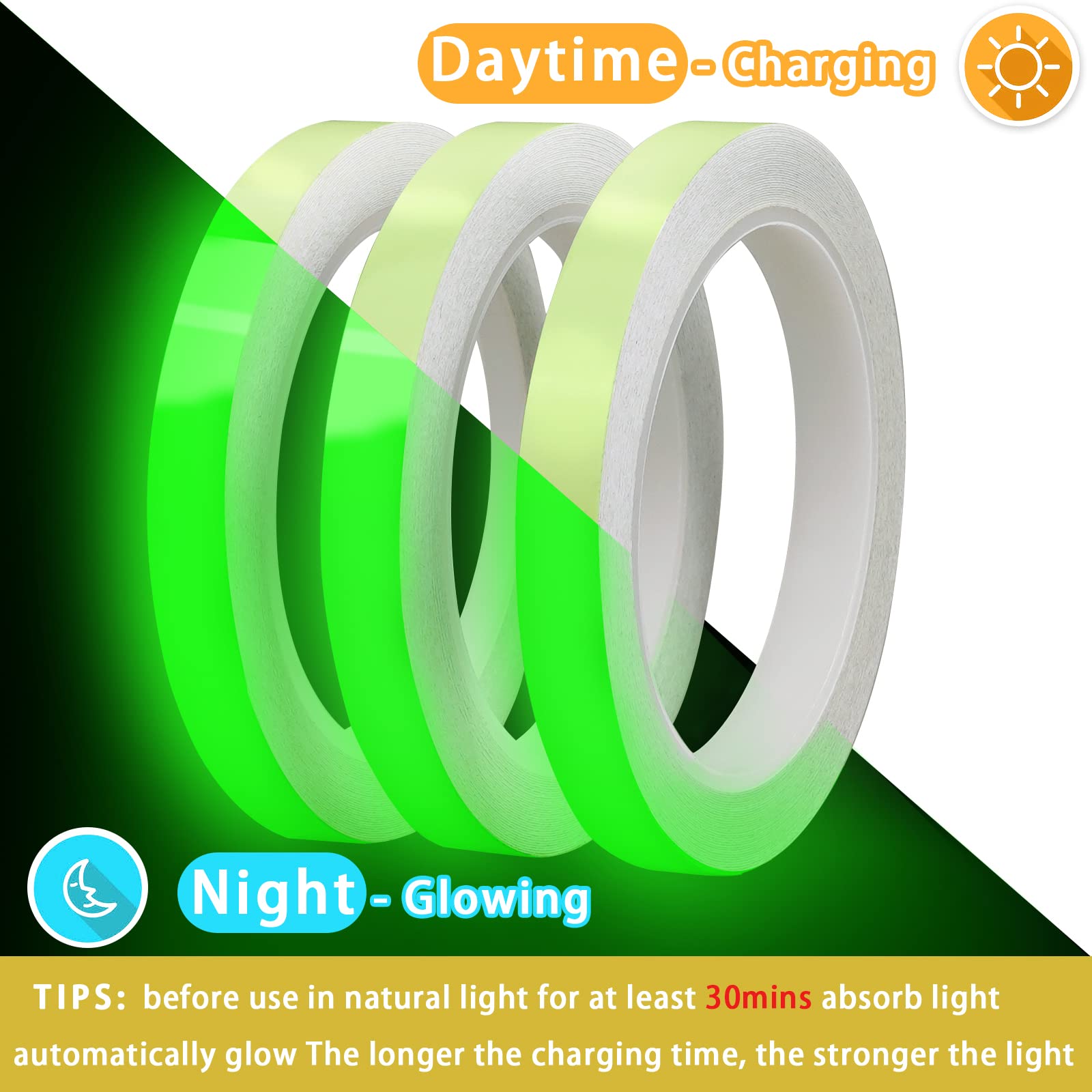 Glow in The Dark Tape, Fluorescent Tape, Light Reflective Tape, Bright Waterproof for Stage, Stairs, Walls, Steps, Exits etc. 0.5inchx32.8ft - 3Rolls