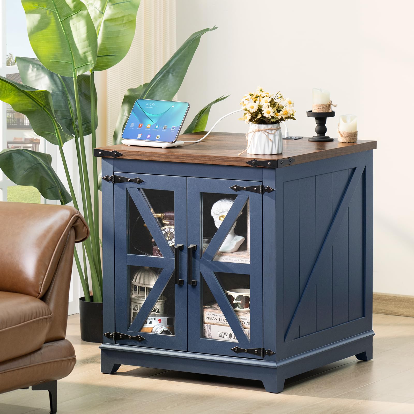 Joaxswe Farmhouse End Table with Charging Station, 24" Large Sofa Side Table with Glass Barn Door, Blue Nightstand with Adjustable Storage Shelf,Wood Square Bedside Table for Living Room,Bedroom