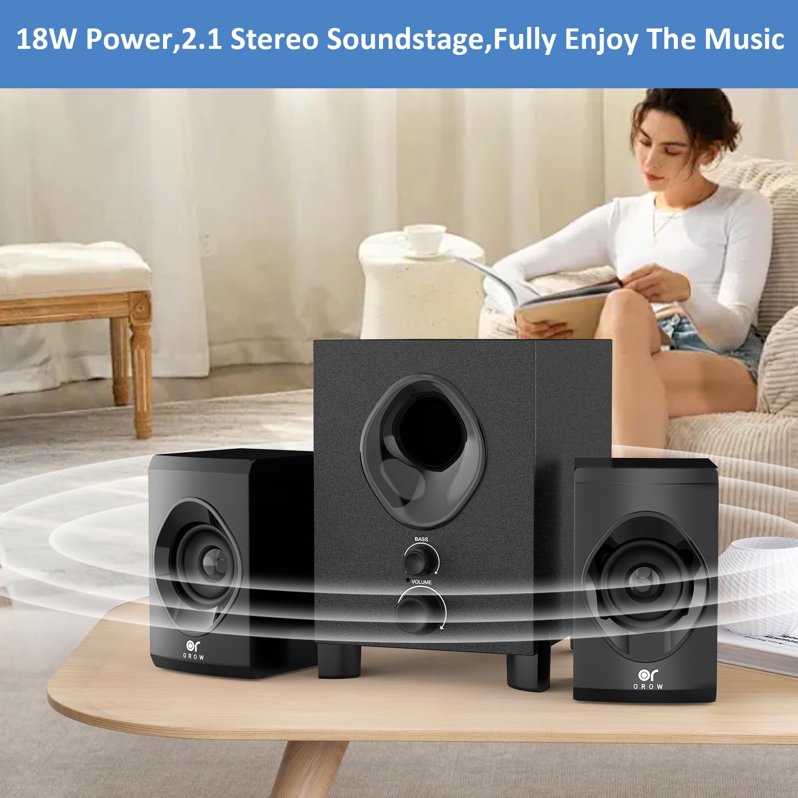 OROW(Upgrade S213) Bluetooth Computer Speakers,PC Speaker with Subwoofer,Front Knob 18W Wireless PC Speakers,Support AUX&Bluetooth Play,Great for Party/Game/TV (S213)