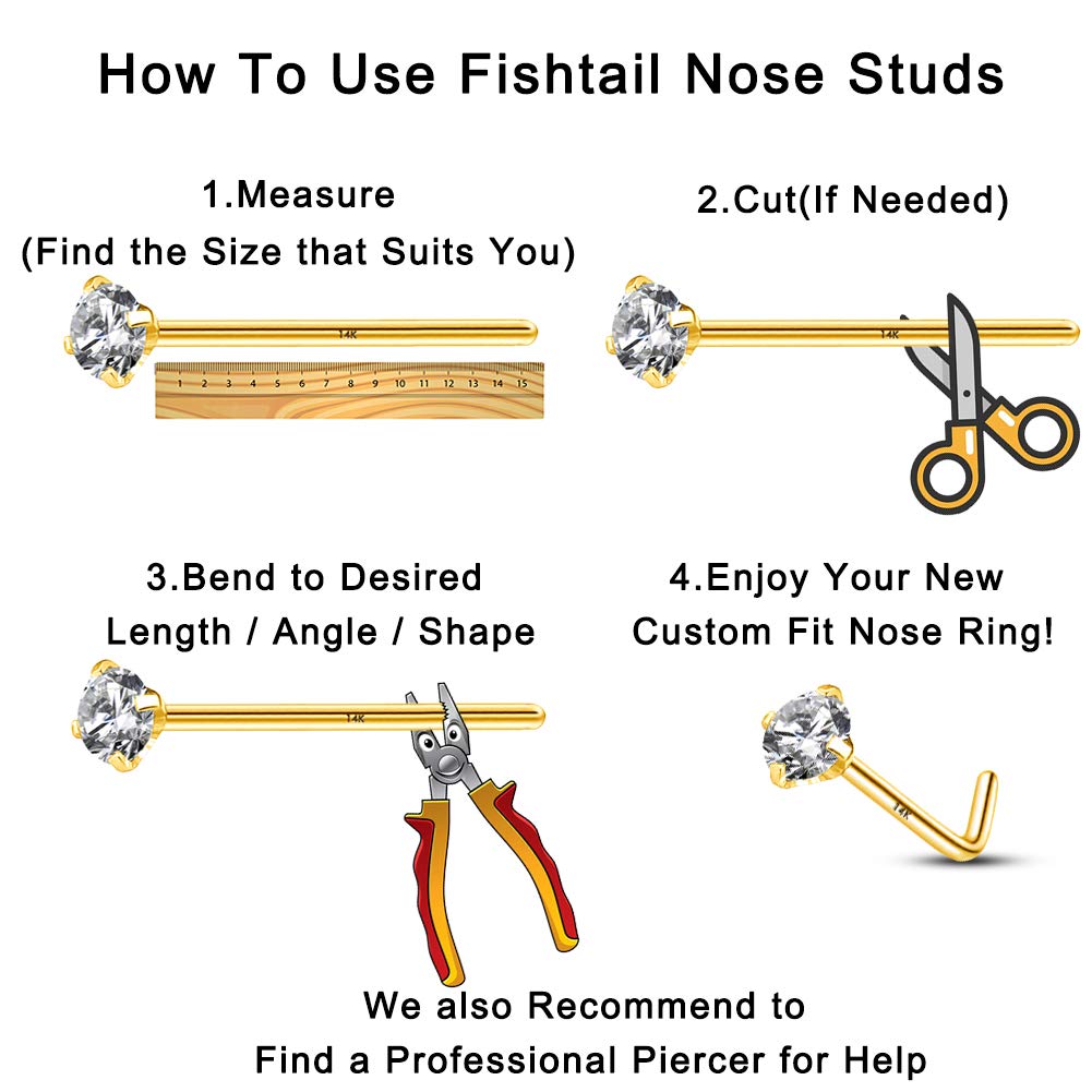 COCHARM Fishtail Nose Stud Ring 20g 14k Real Gold Custom Bendable Nose Rings CZ Nose Piercing Jewelry for Women Men 2mm