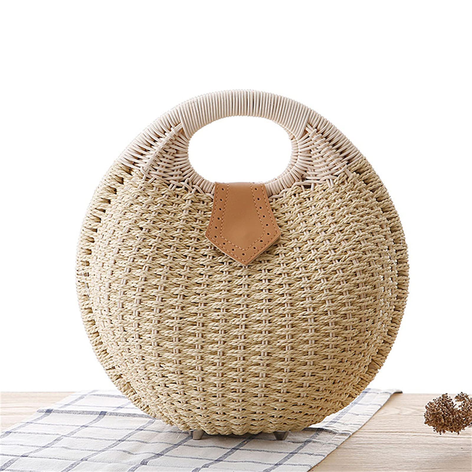 DAISHA Straw Bags for Women,Hand-woven Shell Bag Handle Ring Tote Retro Summer Beach Rattan bag., Beige, 11x10.23x5.9 inches(lxwxh)