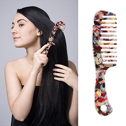 Large Wide Tooth Hair Comb, LADYAMZ [Tortoise Shell] Cellulose Acetate Round Tooth Comb for Straight/Curly Hair,Short/Long Hair Women Men or Kids, Easy Detangling Wet or Dry, Anti-static (Multi-colored)