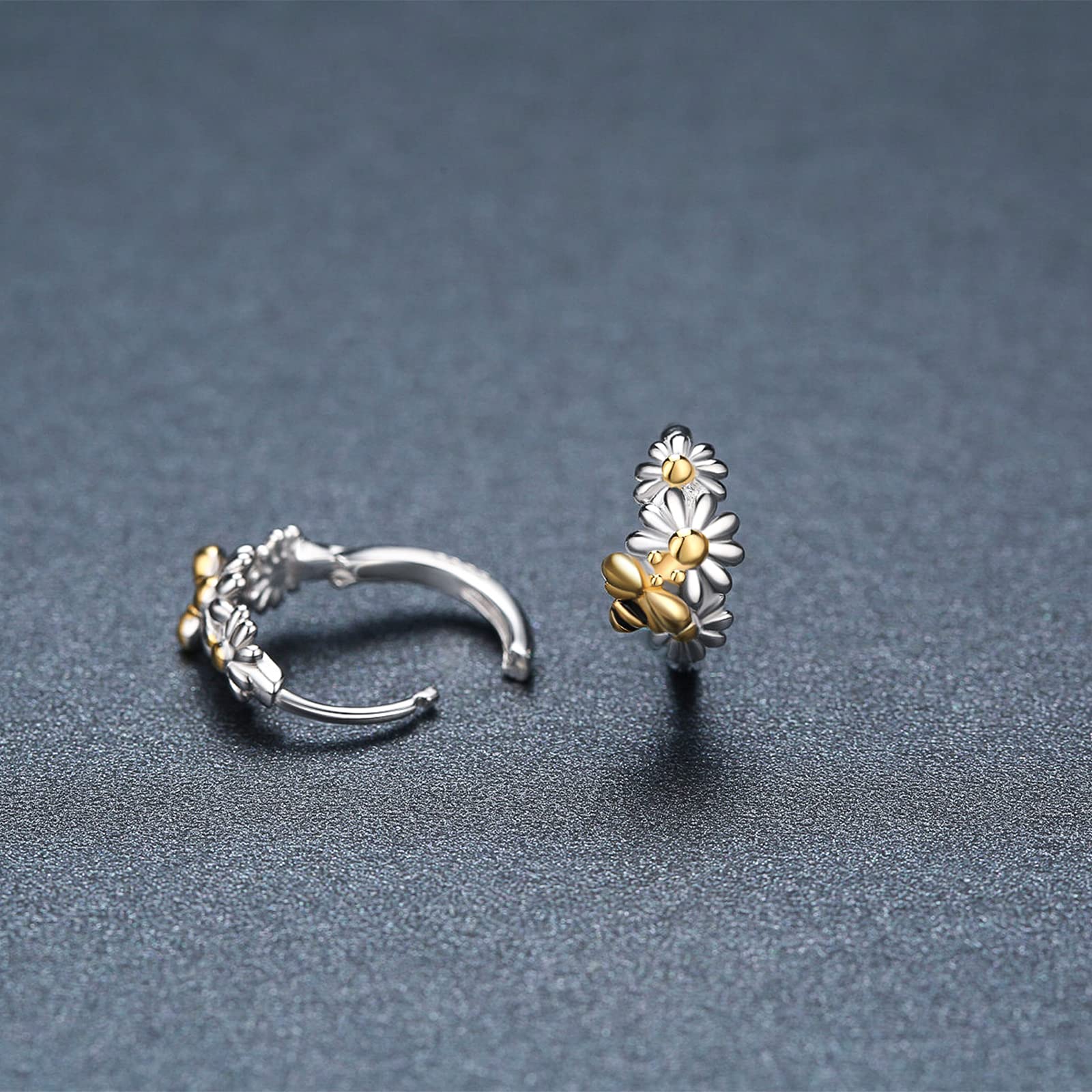 Daisy Hoop Earrings,Hypoallergenic 925 Sterling Silver Bee with Small Flower Hoop Earrings Gift for Women Huggie Earrings for Sensitive Ears