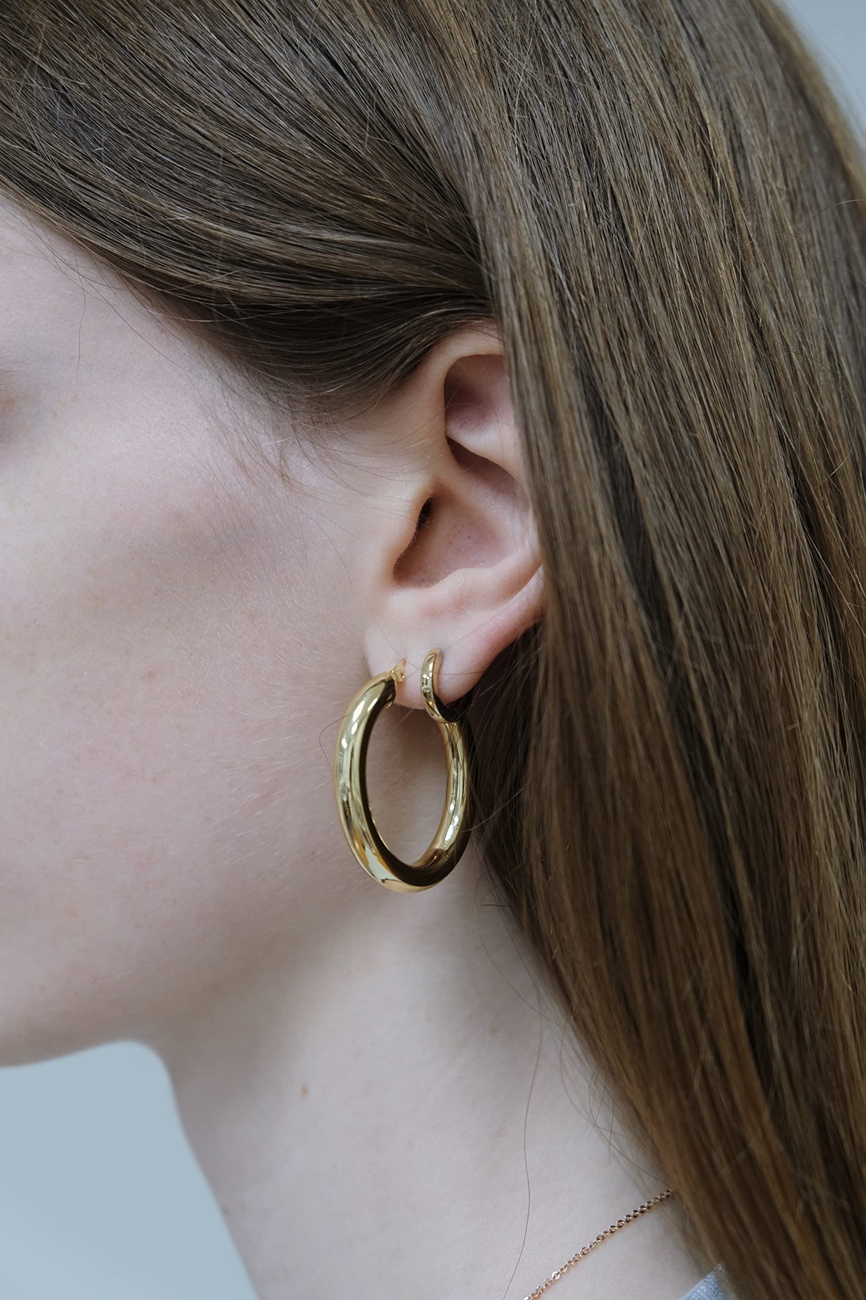 Devin Rose Oval Chunky Thick Hoops 14K Yellow Gold Plated Brass Hoop Earrings for Women 925 Sterling Silver Posts