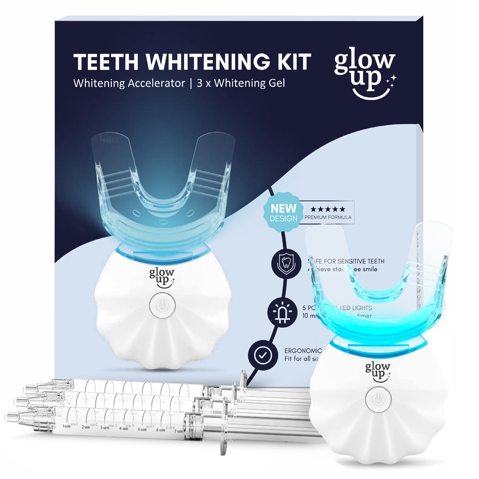 Glow Up Teeth Whitening Kit for Sensitive Teeth with Blue LED Light, 10-Minute Instant Tooth Whitener Set with 3 (5ml) Syringes of 35% Carbamide Peroxide Mint Flavored Gel & Tray Case
