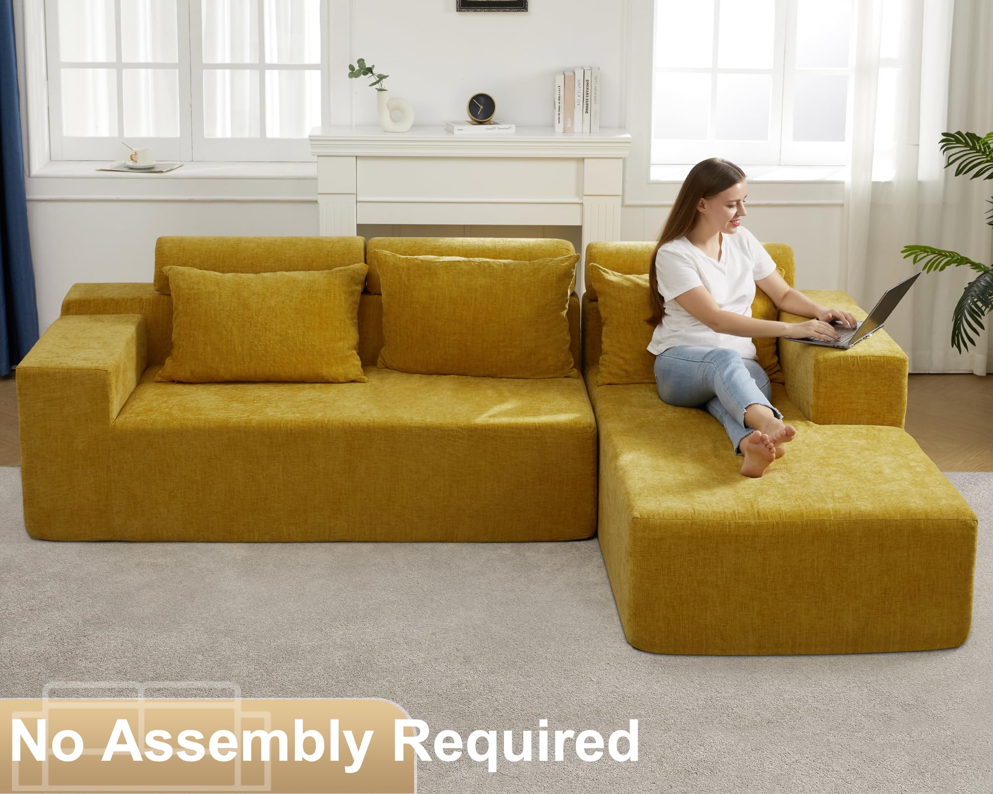 Hobestluk Modular Sectional Sofa L-Shape Couch 3 Seat Modular Sofa Memory Foam Sectional Couches for Living Room, Cloud Couch with Oversized Chaise (Yellow, Medium(Right Facing Chaise))