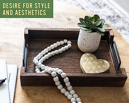 Rustic Wooden Serving Trays with Handle - Set of 2 - Large and Small, Nesting Multipurpose Trays - for Breakfast, Coffee Table/Butler & More - Rustic Brown