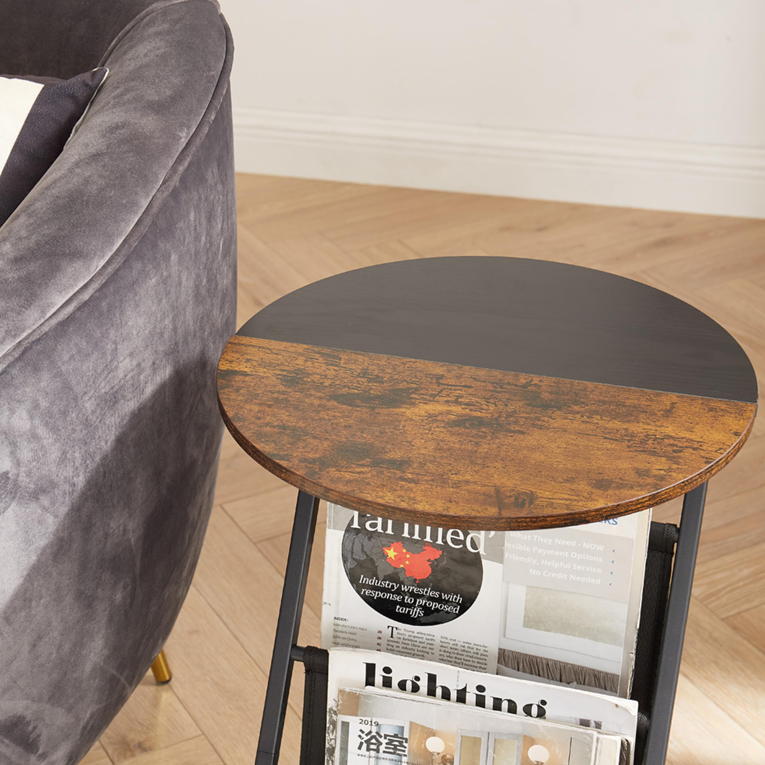 JOIN IRON End Table with Magazine Holder,Multifunction Magazine Rack with 2 Pockets,Newspaper Stand,Side Table for Living Room,Bedroom,Home Office,Small Space,Easy to Move and Assemble