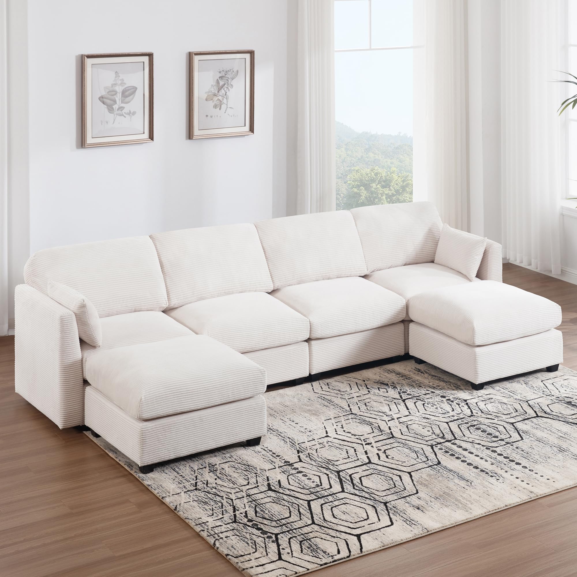 GNIXUU 126" Oversized Convertible Sectional Sofa Couch for Living Room, Corduroy Fabric Upholstered U Shaped Couch, Comfy Modular 6 Seat Sofa with Chaise, Beige